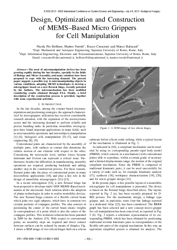 (PDF) Design, optimization and construction of MEMS-based micro grippers for cell manipulation
