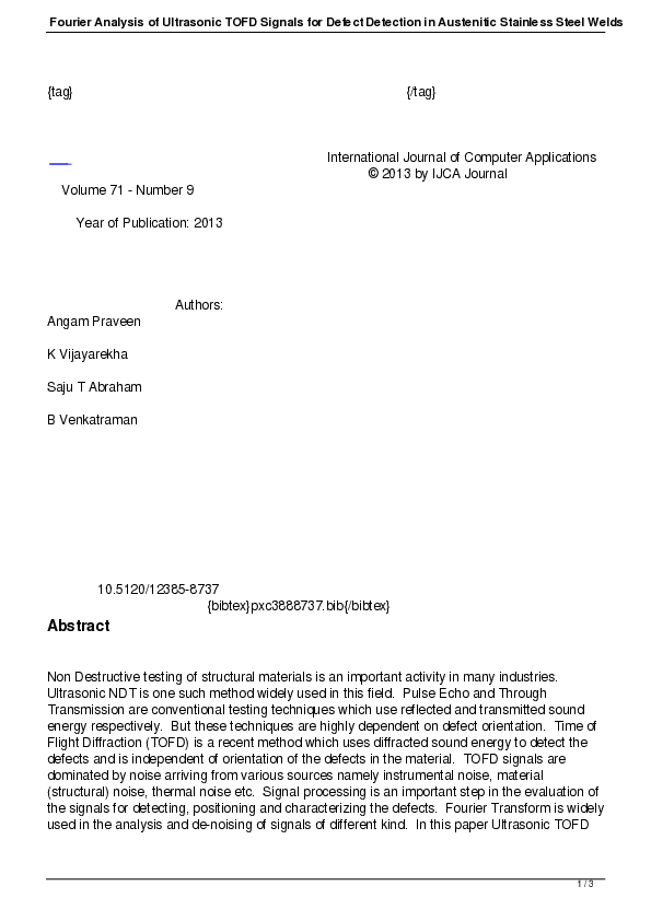 Pdf Fourier Analysis Of Ultrasonic Tofd Signals For Defect Detection In Austenitic Stainless