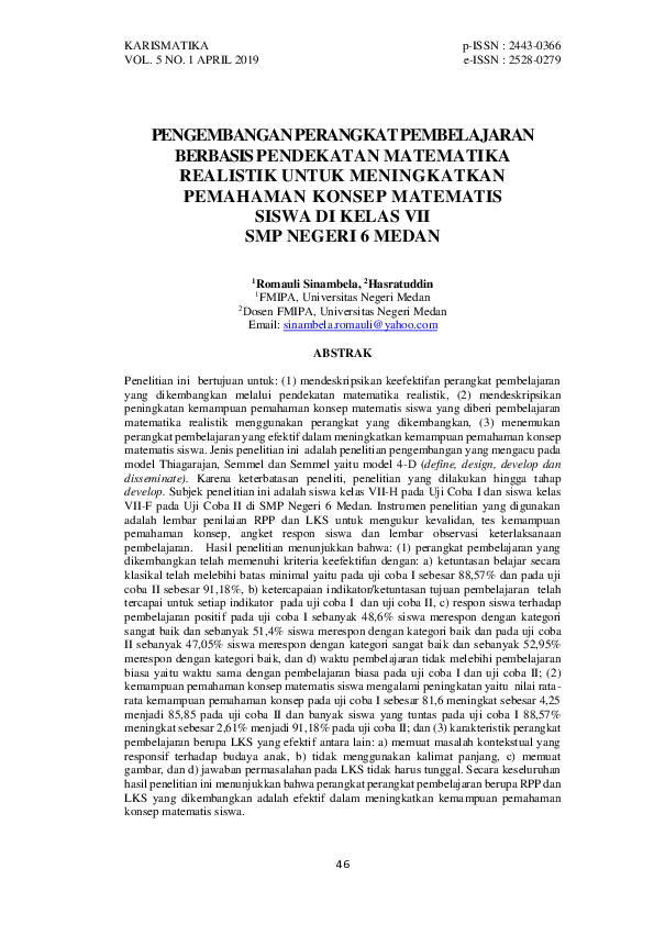 (PDF) Pengembangan Perangkat Pembelajaran Berbasis Pendekatan Matematika Realistik Untuk ...