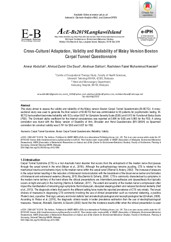 Pdf Cross Cultural Adaptation Validity And Reliability Of Malay Version Boston Carpal Tunnel