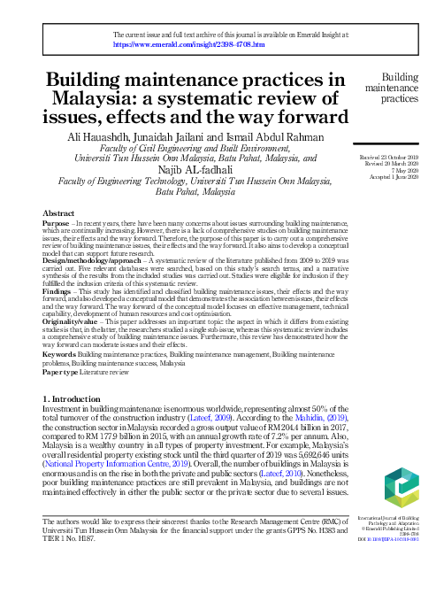 (PDF) Building maintenance practices in Malaysia: a systematic review ...