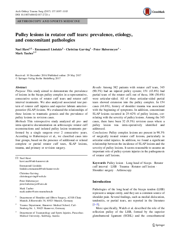 (PDF) Pulley lesions in rotator cuff tears: prevalence, etiology, and ...