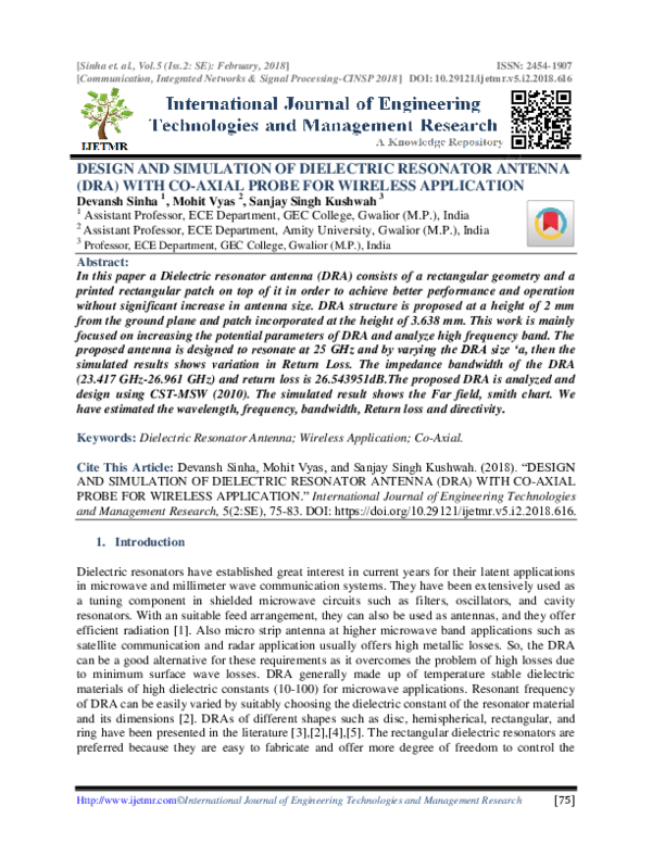 (PDF) Design and Simulation of Dielectric Resonator Antenna (Dra) with Co-Axial Probe for ...