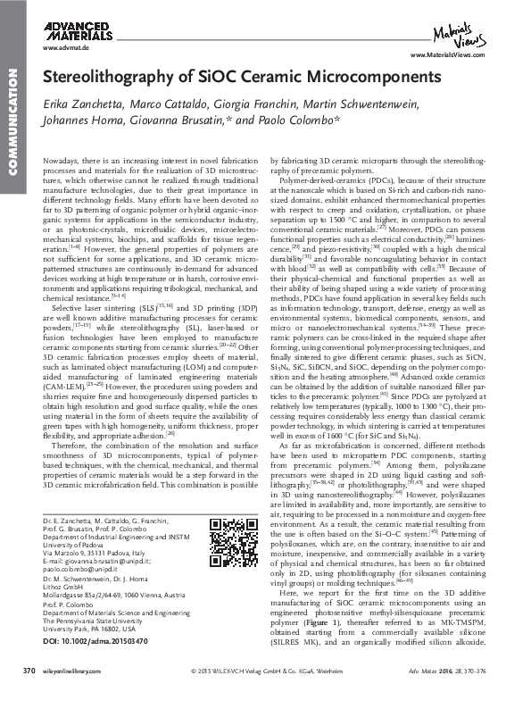(PDF) Stereolithography of SiOC Ceramic Microcomponents
