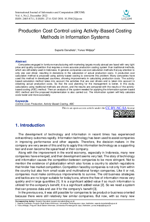 (PDF) Production Cost Control using Activity-Based Costing Methods in ...
