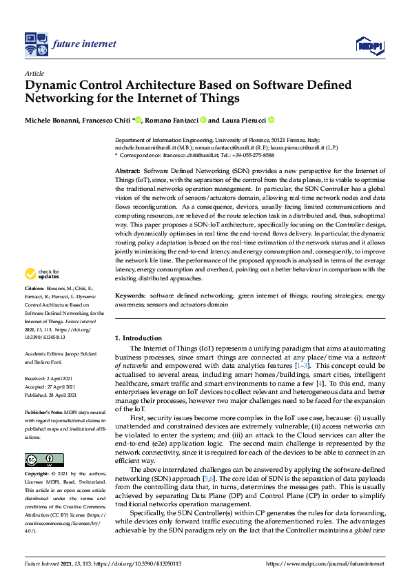 (PDF) Dynamic Control Architecture Based on Software Defined Networking for the Internet of Things
