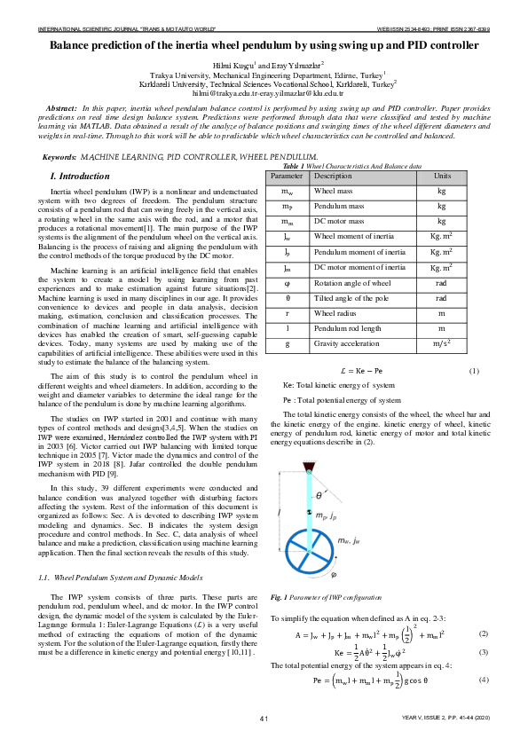 (PDF) Balance Prediction of the Inertia Wheel Pendulum By Using Swing Up and PID Controller