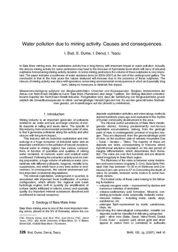 (PDF) Water pollution due to mining activity. Causes and consequences