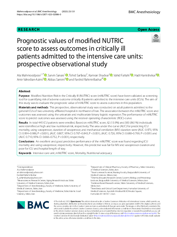 (PDF) Prognostic values of modified NUTRIC score to assess outcomes in ...