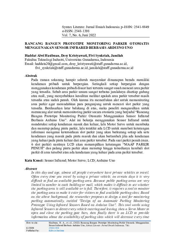 Pdf Rancang Bangun Prototipe Monitoring Parkir Otomatis Menggunakan Sensor Infrared Berbasis