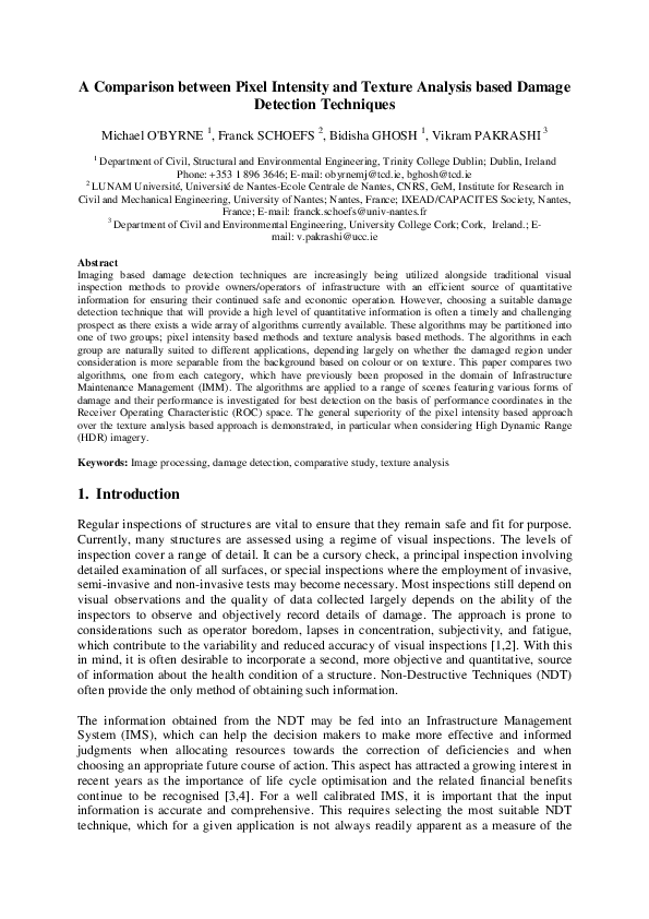(PDF) A Comparison between Pixel Intensity and Texture Analysis based Damage Detection Techniques