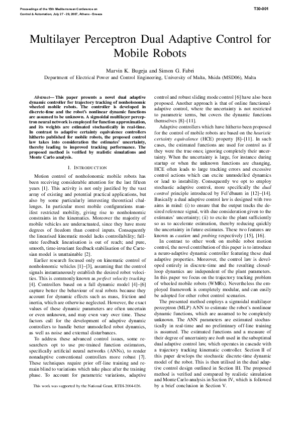(PDF) Multilayer perceptron dual adaptive control for mobile robots