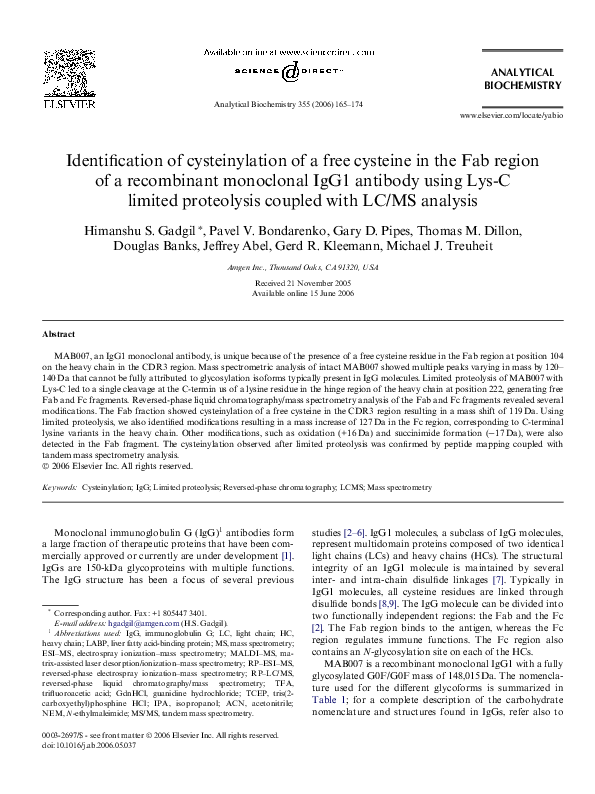 (PDF) Identification of cysteinylation of a free cysteine in the Fab ...
