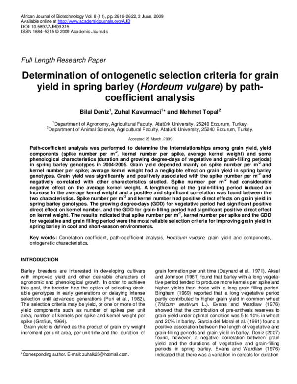 (PDF) Determination of ontogenetic selection criteria for grain yield in spring barley (Hordeum ...