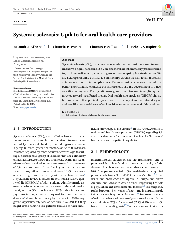(PDF) Systemic sclerosis: Update for oral health care providers