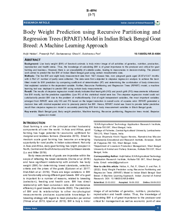 Pdf Body Weight Prediction Using Recursive Partitioning And Regression Trees Rpart Model In