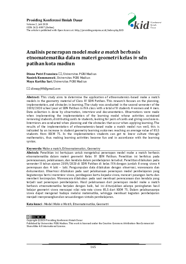 (PDF) Analisis penerapan model make a match berbasis etnomatematika ...