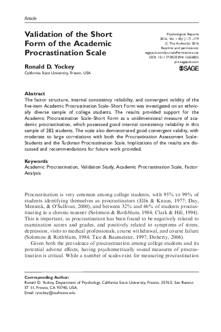 (PDF) Validation of the Short Form of the Academic Procrastination Scale