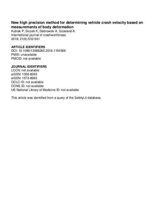 (PDF) New high precision method for determining vehicle crash velocity ... (PDF) New high precision method for determining vehicle crash velocity ...