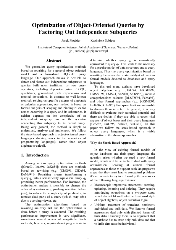 Pdf Optimization Of Object Oriented Queries By Factoring Out Independent Subqueries