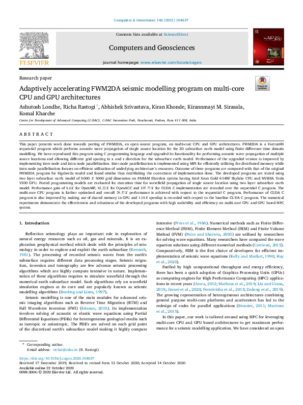 Pdf Adaptively Accelerating Fwm2da Seismic Modelling Program On Multi Core Cpu And Gpu