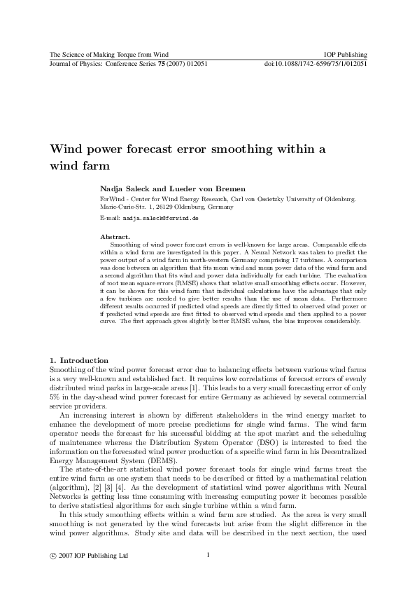 (PDF) Wind power forecast error smoothing within a wind farm