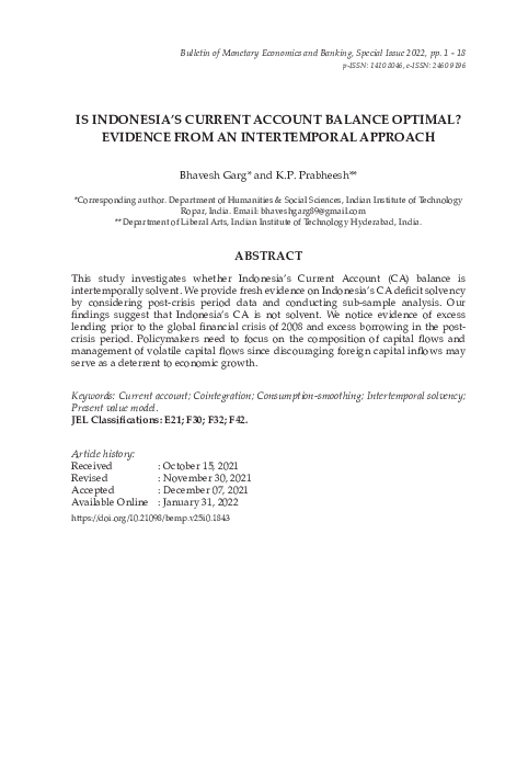Pdf Is Indonesias Current Account Balance Optimal Evidence From An Intertemporal Approach