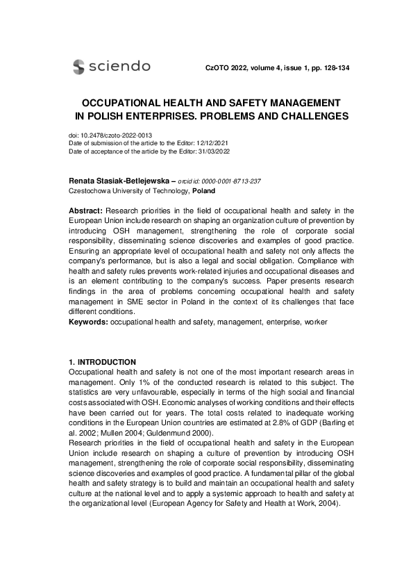 (PDF) Occupational Health and Safety Management in Polish Enterprises. Problems and Challenges