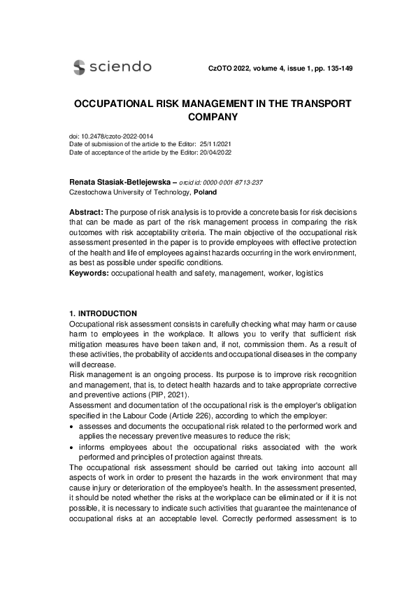 (PDF) Occupational Risk Management in the Transport Company