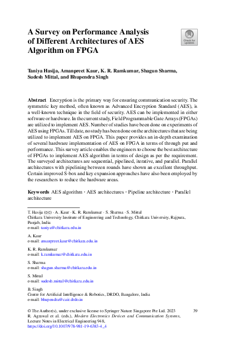 (PDF) A Survey on Performance Analysis of Different Architectures of AES Algorithm on FPGA