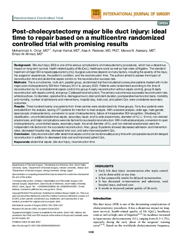 Post-cholecystectomy major bile duct injury: Ideal time to repair based ...