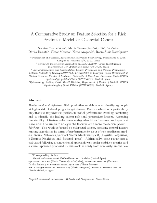 (PDF) A Comparative Study on Feature Selection for a Risk Prediction Model for Colorectal Cancer