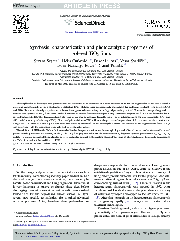 Pdf Synthesis Characterization And Photocatalytic Properties Of Sol Gel Tio2 Films
