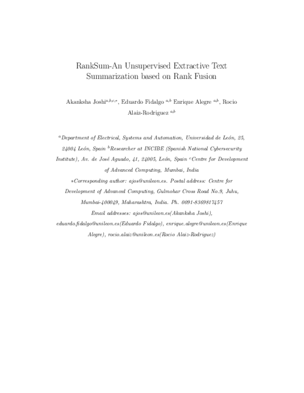 Pdf Ranksum An Unsupervised Extractive Text Summarization Based On