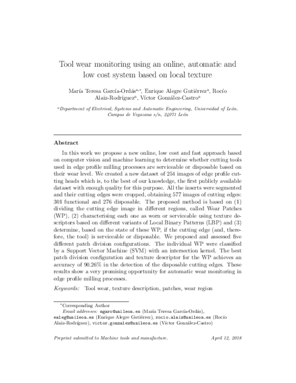 (PDF) Tool wear monitoring using an online, automatic and low cost system based on local texture