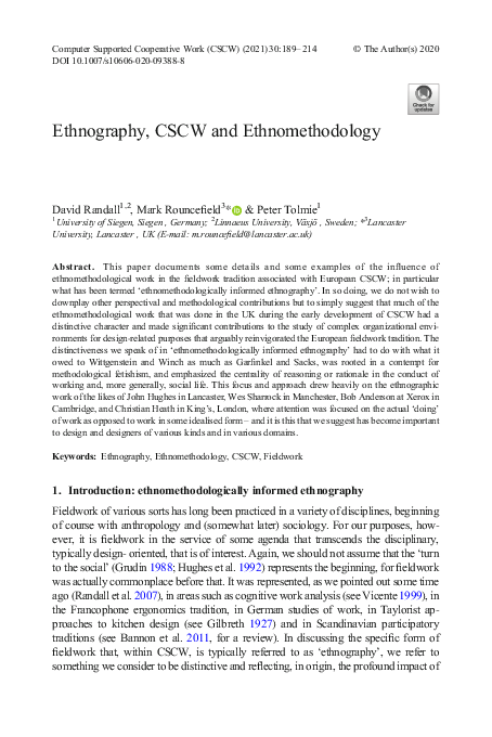 (PDF) Ethnography, CSCW and Ethnomethodology