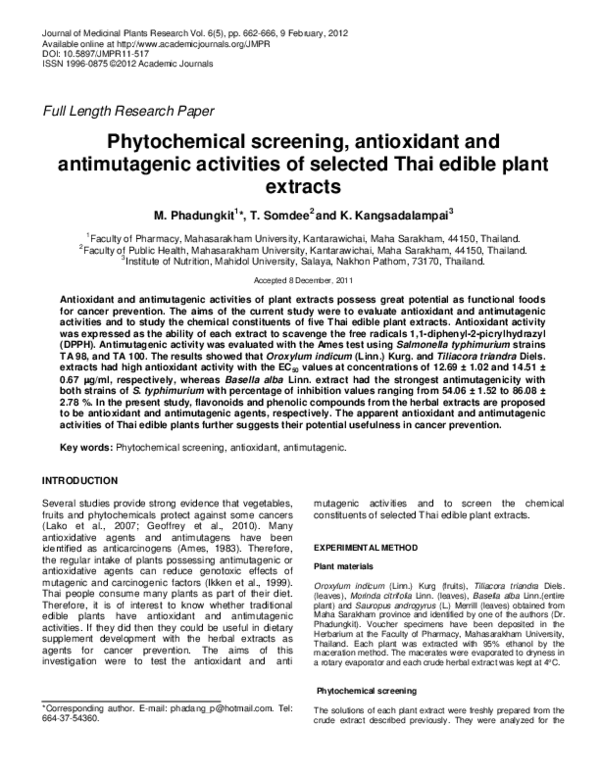 (PDF) Phytochemical screening, antioxidant and antimutagenic activities of selected Thai edible ...