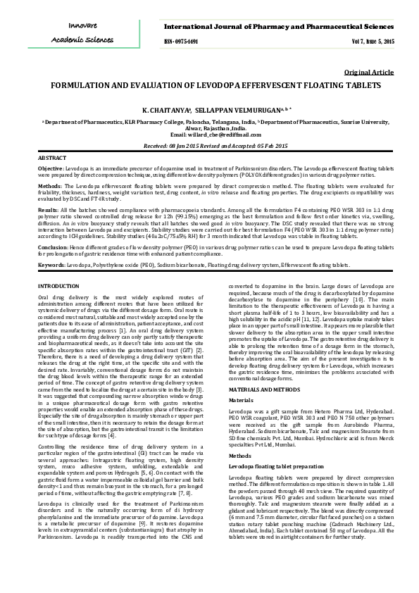 Formulation And Evaluation Of Levodopa Effervescent Floating Tablets
