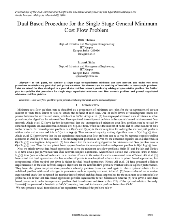(PDF) Dual Based Procedure for the Single Stage General Minimum Cost Flow Problem