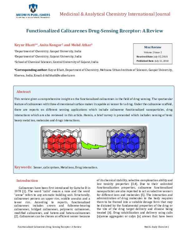 (PDF) Functionalized Calixarenes Drug-Sensing Receptor: A Review | Dr ...