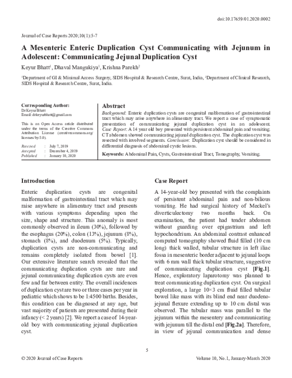 (PDF) A Mesenteric Enteric Duplication Cyst Communicating with Jejunum ...