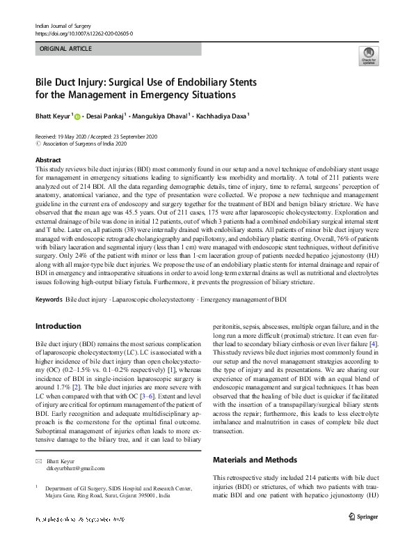 (PDF) Bile Duct Injury: Surgical Use of Endobiliary Stents for the ...