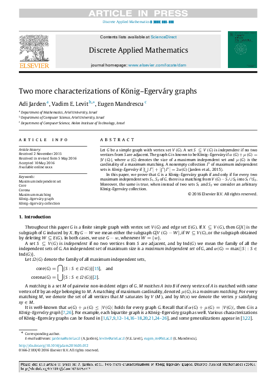 (PDF) Two more characterizations of König–Egerváry graphs | Vadim Levit - Academia.edu