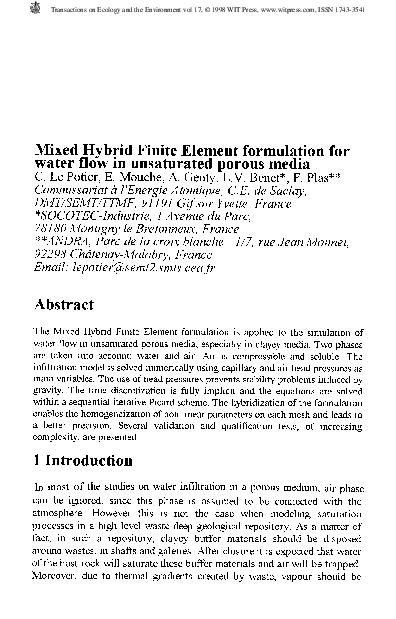 (PDF) Mixed Hybrid Finite Element Formulation For Water Flow In Unsaturated Porous Media
