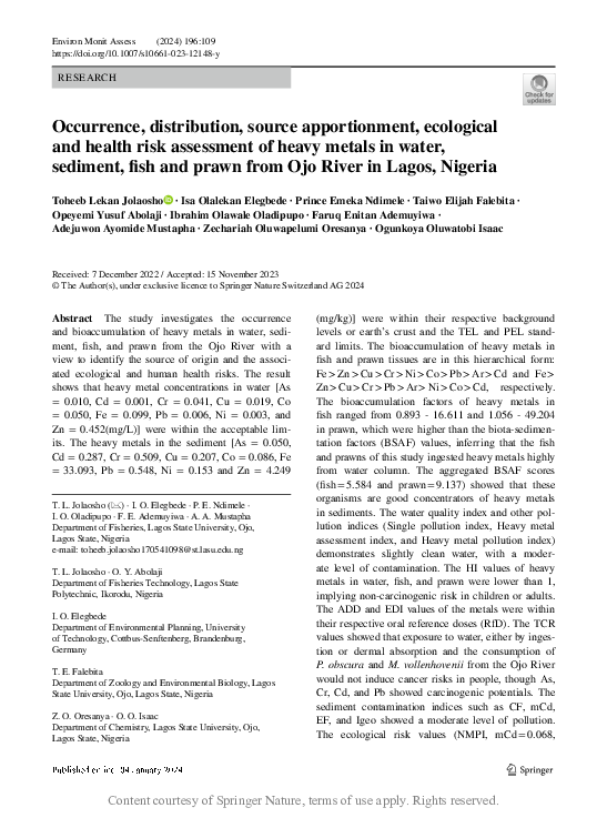 (PDF) Occurrence, distribution, source apportionment, ecological and health risk assessment of ...