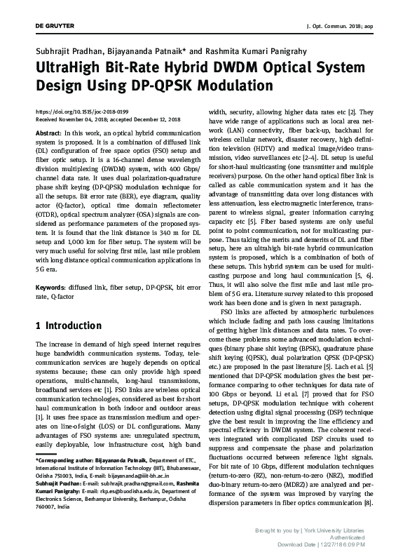 (PDF) UltraHigh Bit-Rate Hybrid DWDM Optical System Design Using DP-QPSK Modulation