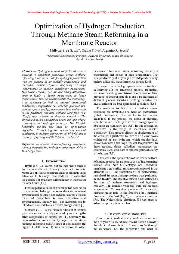 (PDF) Optimization of Hydrogen Production Through Methane Steam Reforming in a Membrane Reactor