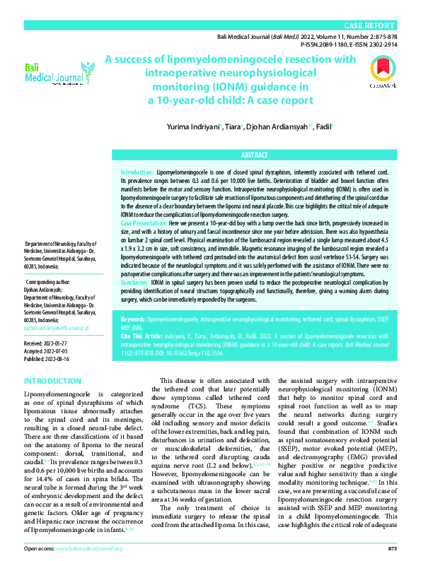 (PDF) A success of lipomyelomeningocele resection with intraoperative ...