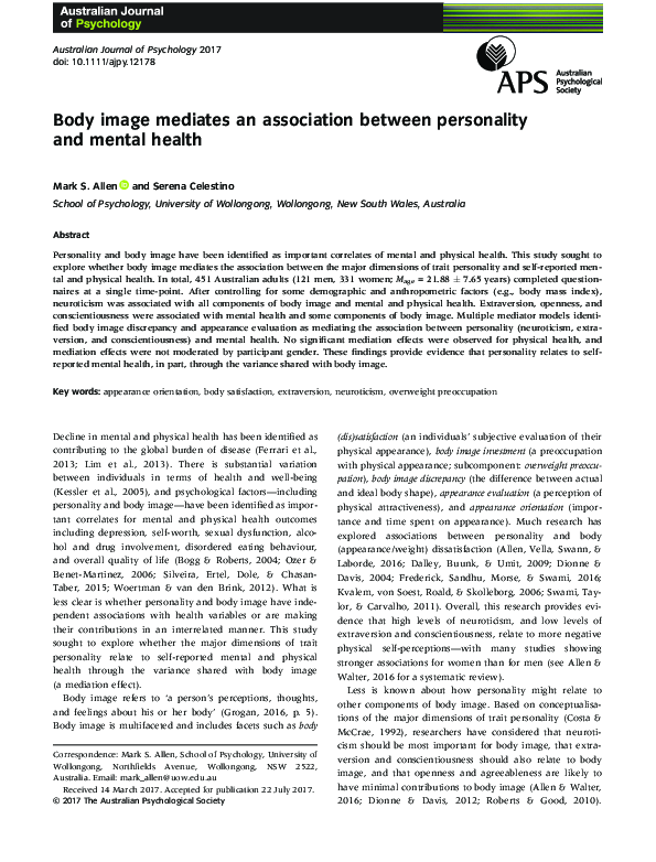 (PDF) Body image mediates an association between personality and mental ...