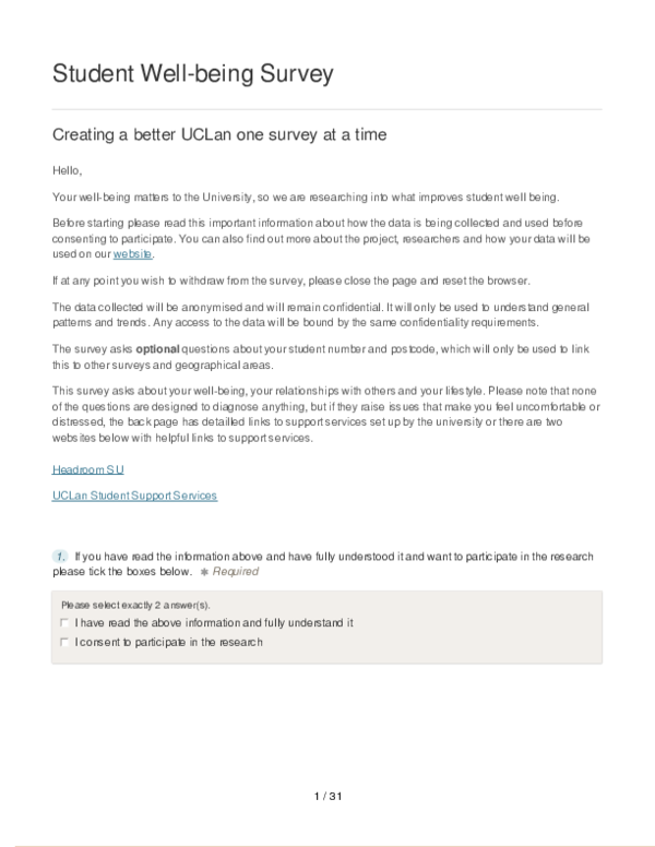 Questionnaire for UCLan's Student Survey of Wellbeing